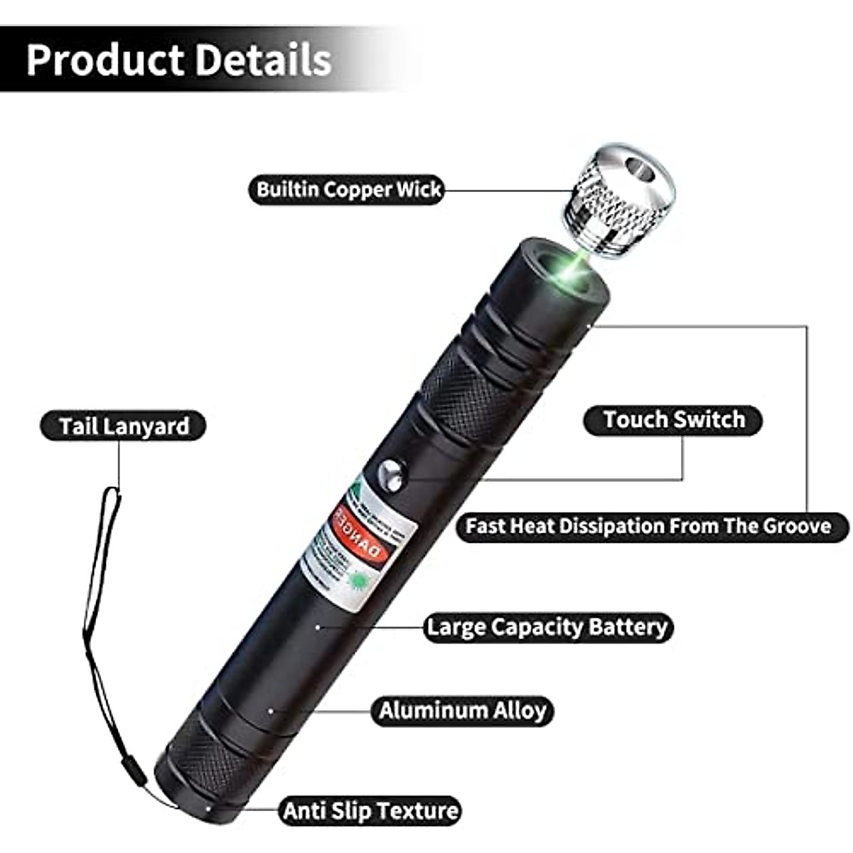 Cyahvtl Laser Pointer, 2000 Metres Green Long Range High Power Handheld Flashlight, Rechargeable Laser Pointer for USB, with Star Cap Adjustable Focus Suitable for Projecto