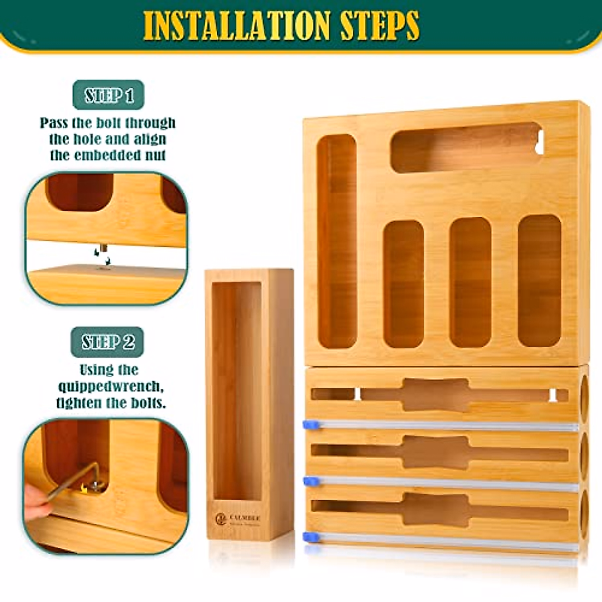 Calmbee Plastic Wrap Dispenser with Cutter and Ziplock Bag organizer, 9 IN 1 Bamboo Foil and Plastic Wrap Organizer for Kitchen Drawer, Ziplock Bag Storage Organizer for Gallon,Quart,Sandwich,Snack