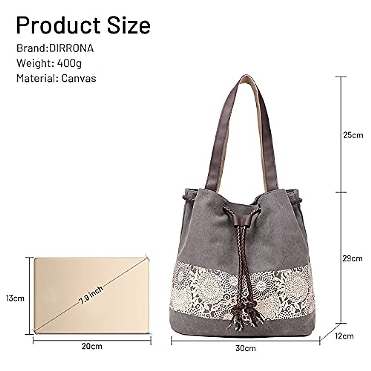 DIRRONA Womens Canvas Handbag Ladies Shoulder Bags Top Handle Bags Drawstring Bucket Bag School Travel Casual Daily Use Gray