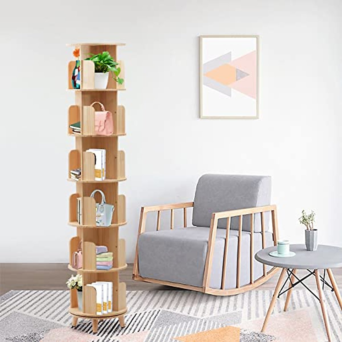 BINELUCOLU Rotating Bookshelf, 6 Tier Wood Floor Standing Bookcase Storage Rack with Legs 360 Corner Bookshelf Stackable Narrow Book Shelf for Home Office Study Room