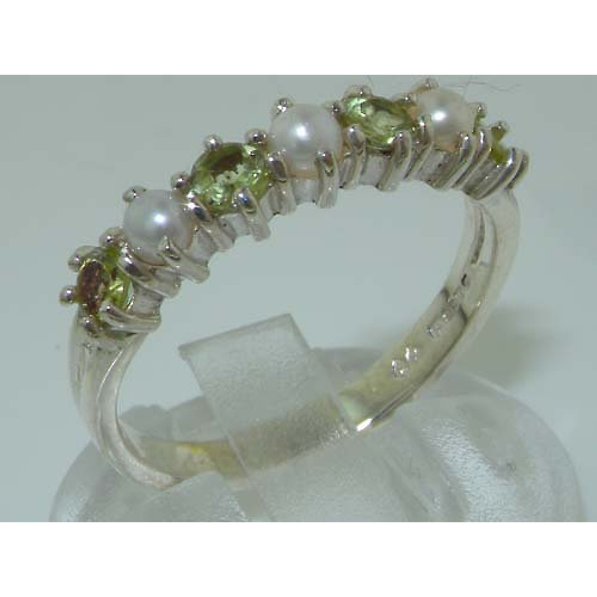 925 Sterling Silver Cultured Pearl & Peridot Womans Eternity Ring - Size 11.25