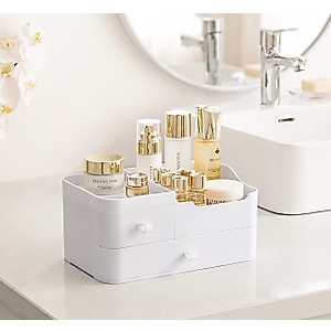 HBlife Plastic Makeup Organizer for Vanity with 2 Drawers Large Skincare Organizers 8 Compartments Bathroom Organizer Cosmetic Storage, White