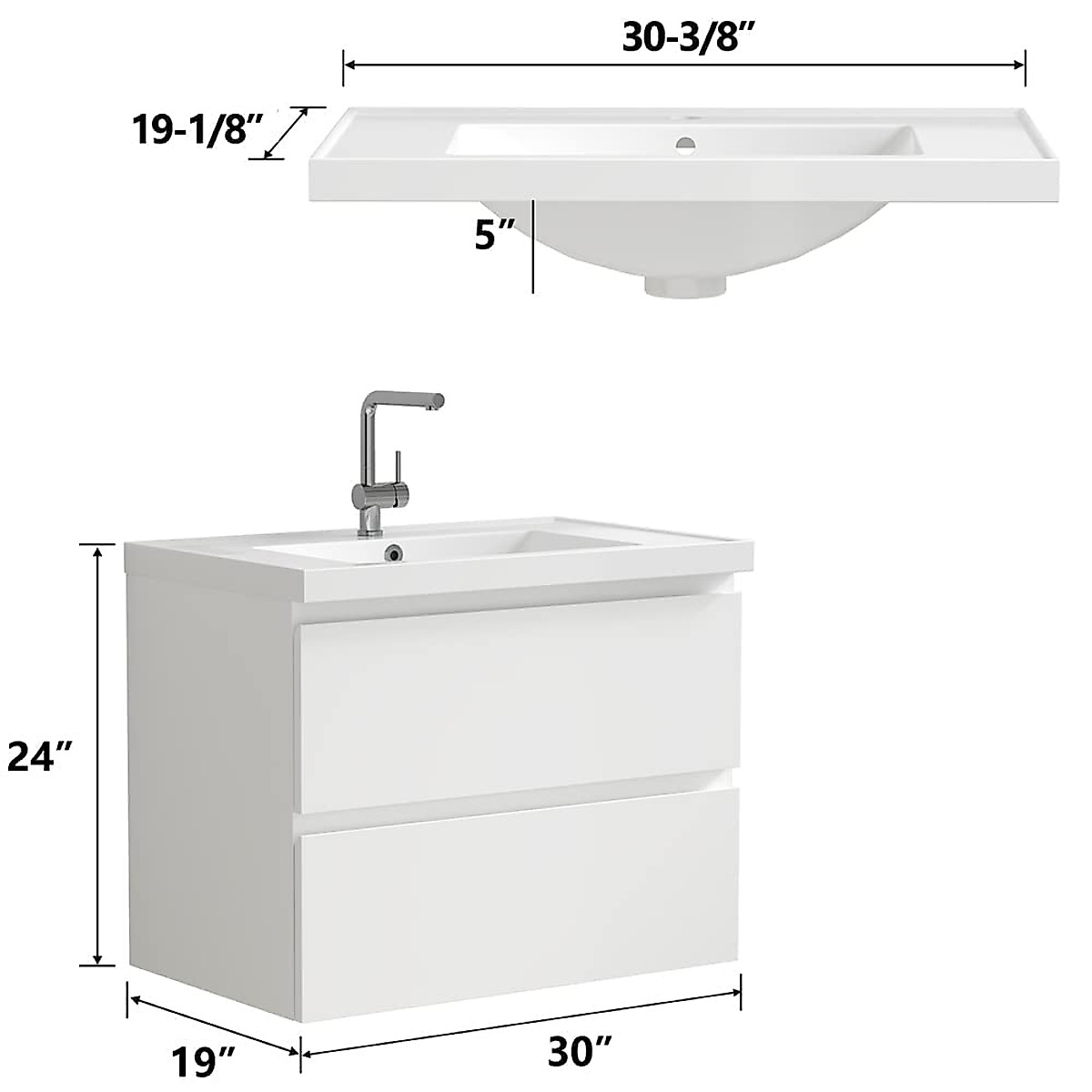 JPND 30" White Bathroom Single Hole Integrated Sink/Countertop, Drop-in Self-Rimming Rectangular Vanity Sink Top, 30.38"W x 19.13"D x 7.5"H