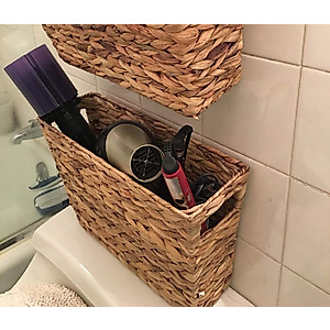 Yesland Hand-Woven Magazine Basket, Natural Narrow Water Hyacinth Holder Magazine Wicker Basket,15.5 x 5.5 x 9.75 Inch Decorative Magazine Storage Basket Bin for Home, Office, Desk