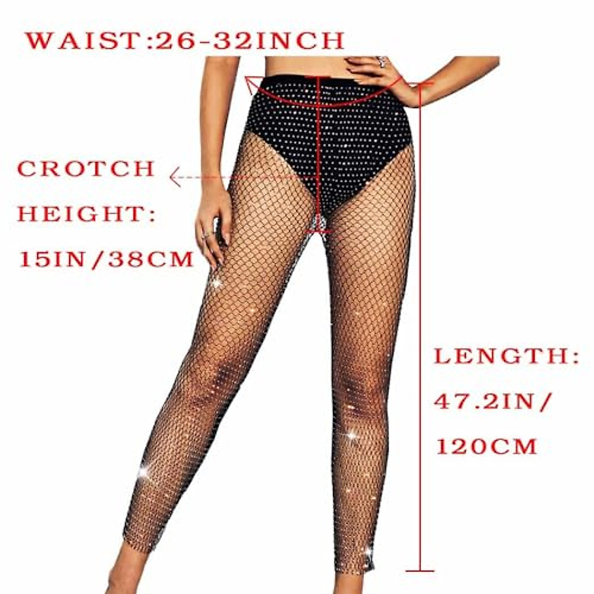 Yokawe Mesh Pants Sparkly Rhinestone Cover Up Pants Fishnet See Through Leggings Crystal Bottoms Nightclub Rave Festival Party Bikini Swimsuit Pants Cover Ups for Women Black