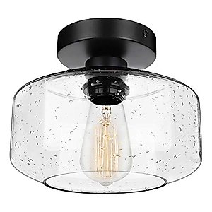 Industrial Semi-Flush Mount Ceiling Light, Seeded Glass Pendant Lamp Shade, Black Farmhouse Lighting for Hallway Porch Corridor Kitchen Bedroom, Modern Indoor Hanging Light Fixtures, Bulb Not Included