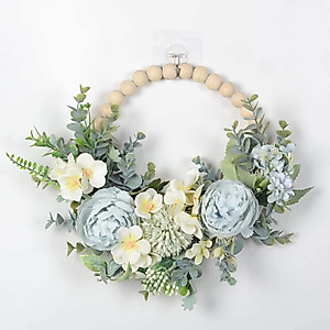 Artificial Flower Wreath,Wood Beads Peony Wreath, Indoor/Outdoor Farmhouse Wreaths for Front Door Decor