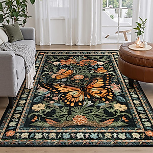 Wonnitar Butterfly Area Rug for Bedroom, 5x7 Black Rug for Living Room Washable Floral Rug, Boho Dining Room Rugs for Under Table Stain Resistant Floor Carpet for Entryway Playroom