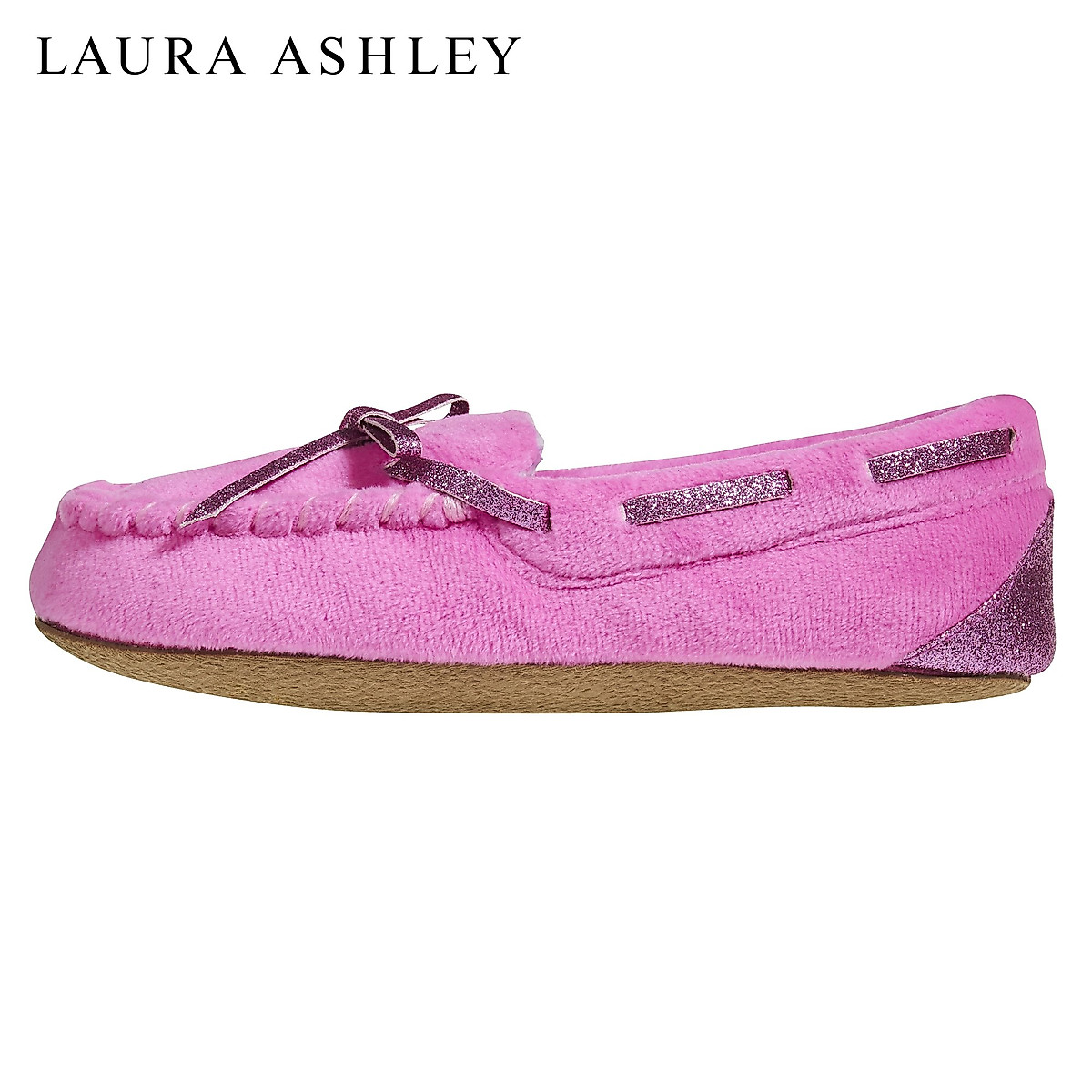 Laura Ashley Kids Girls Fleece Glitter and Bow Moccasins Fuschia 2/3