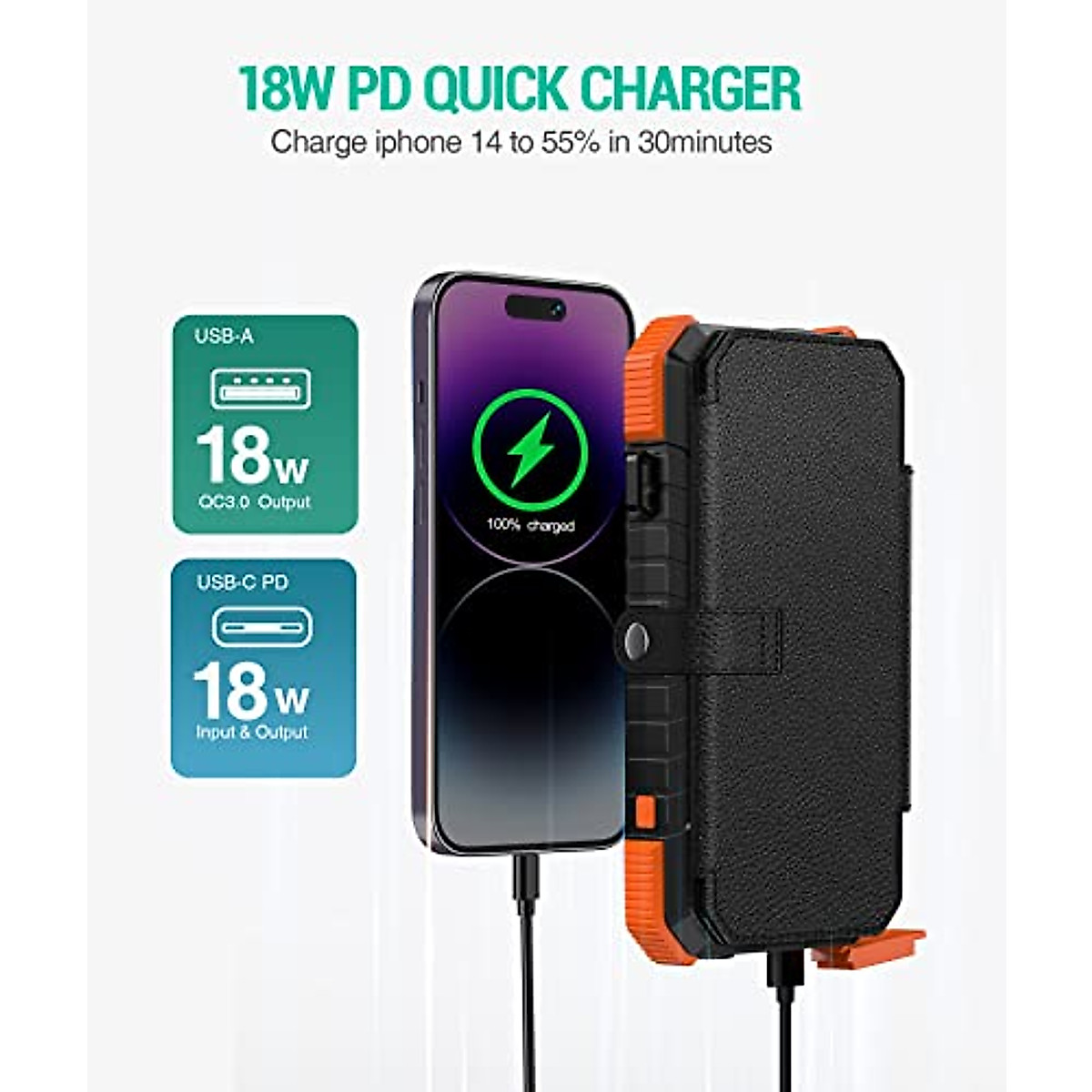BLAVOR Solar Charger Power Bank, PD 18W QC3.0 Fast Charging 20000mAh Solar Powered Powerbank with 4 Foldable Panels, Type C Input/Output, Camping Light SOS Flashlight, Compass Carabiner(Orange)