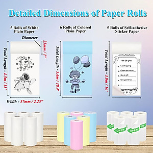 Vicbear 16 Rolls Mini Printer Paper, Including 5 Thermal Sticker Paper Rolls, 6 Colored, and 5 White Plain Paper Rolls for Mini Thermal Printer, 57x25 mm, Compatible with Most Mini Receipt Printers