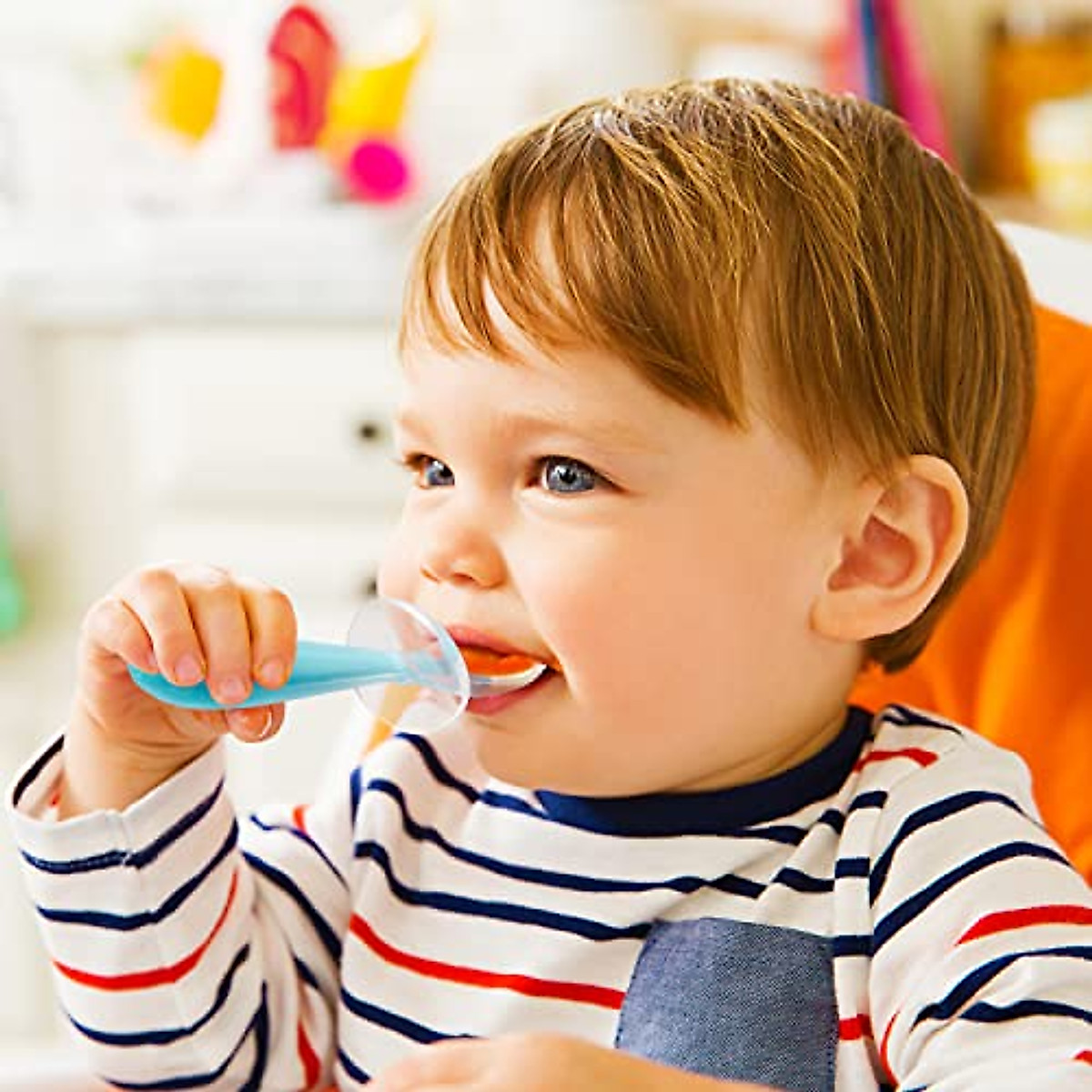 Munchkin® Silicone Scoop™ Trainer Spoons with Choke Guard for Baby Led Weaning, 4 Count, Blue/Green