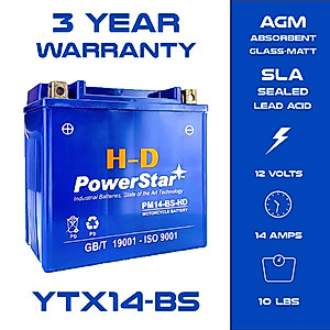 PowerStar YTX14 BS ATV Battery High Performance - Maintenance Free - Sealed AGM YTX14-BS Motorcycle Battery compatible for Honda TRX FL 350 400 500 650 Rancher Foreman