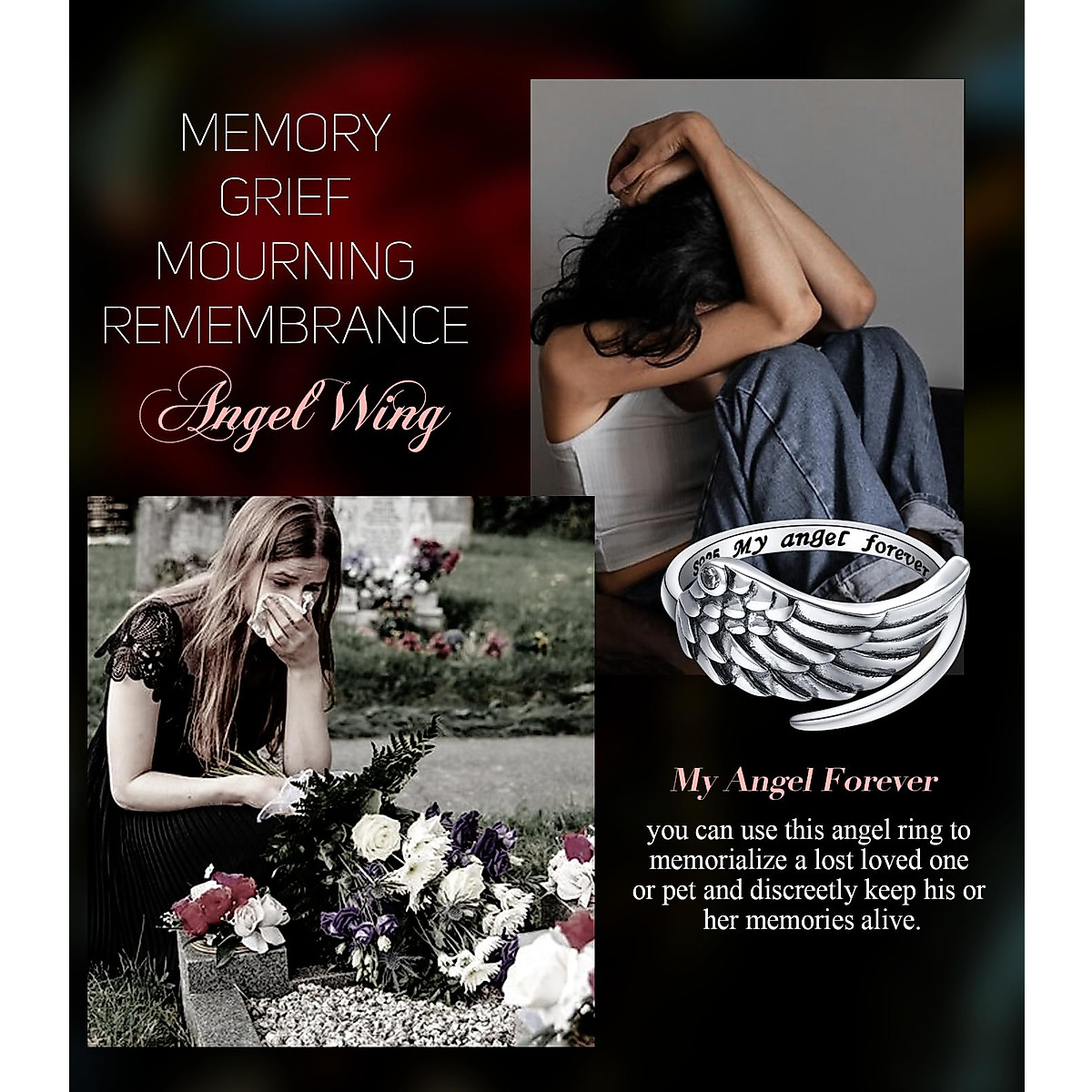 Ladytree Feather Guardian Angel Wings Ring for Women Memorial Sterling Silver Purity Adjustable Open Thumb Rings Jewelry Miscarriage Memory for Mother Mom Daughter Size 7