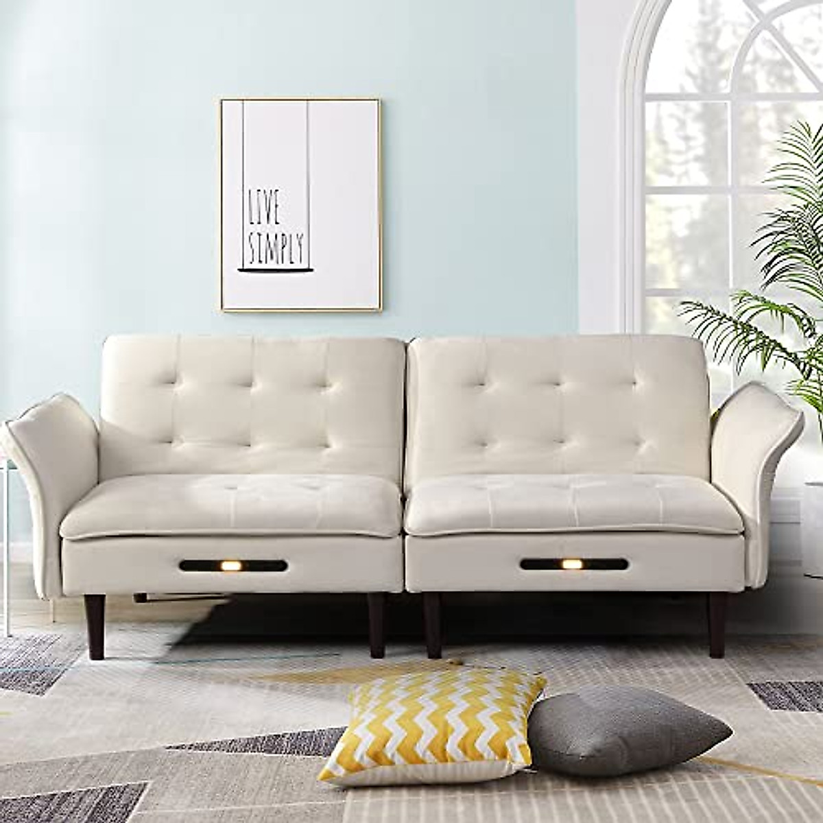 MIYZEAL Convertible Sleeper Sofa with Charging Ports, Velvet Tufted Upholstered Futon Sofa Bed with Adjustable Backrest & Armrest, Modern Loveseat Couch for Living Room Apartment Office (Beige)