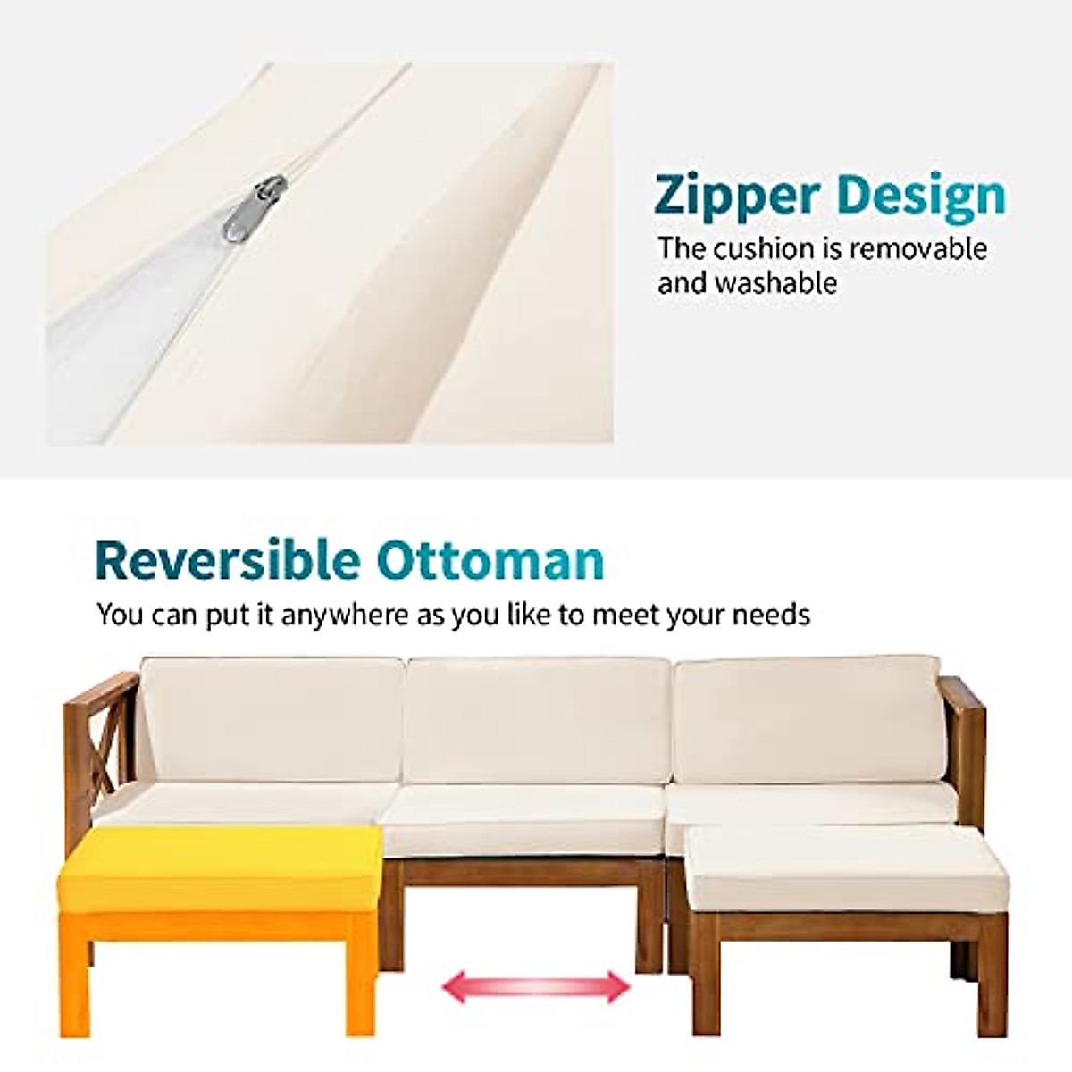 5-Piece Acacia Wood Outdoor Sofa Set Patio Bistro Set Furniture Outdoor Chat Conversation Table Chair Set with Water Resistant Cushions and Coffee Table for Beach Backyard Garden