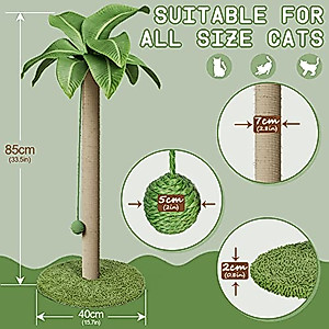 Kphico Cat Scratching Post for Indoor Cats,33.5" Tall Large Cat Scratching Post with Natural Sisal Rope,Kitten Scratcher with Simulated Leaves & Hanging Ball,Send 1 Cat Teasing Stick and 2 Catnip
