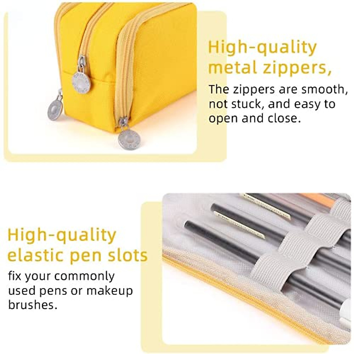 ORPHEUS Large Pencil Case Big Capacity 3 Compartments Canvas Pencil Pouch for Teen Boys Girls School Students (Yellow)