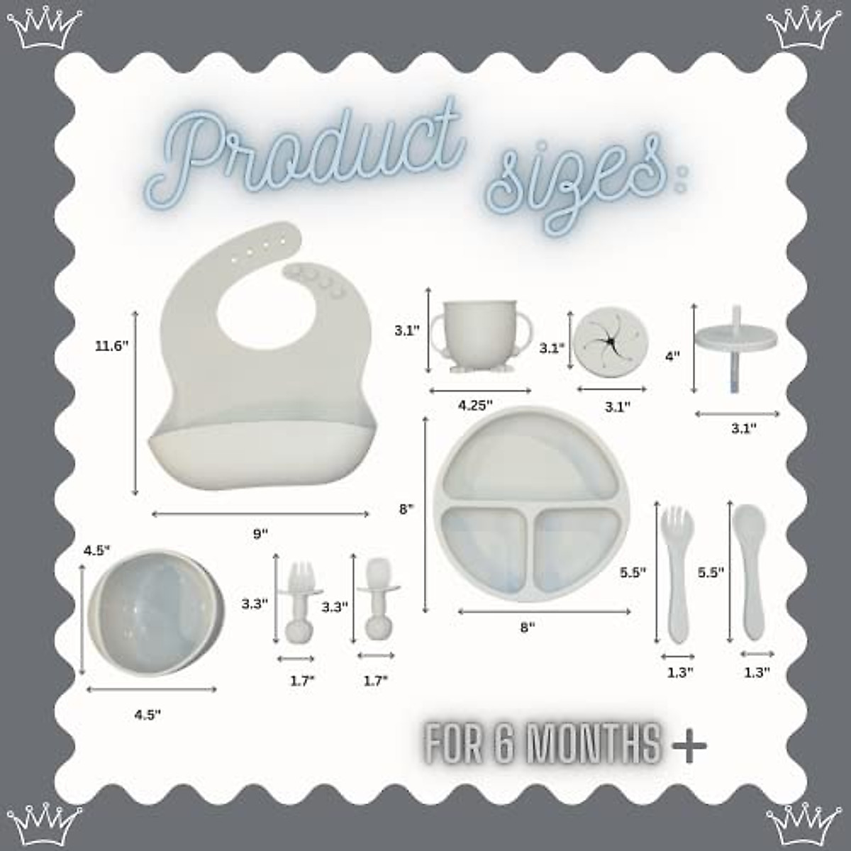 Baby Led Weaning 10 Piece Feeding Eating Supplies | Strong Suction Plate Silicone Cup Snack Lid Drink Lid with Straw Silicone Suction Bowl Bib Spoons Forks Baby Tableware Set 6MonthsToToddler(Grey)