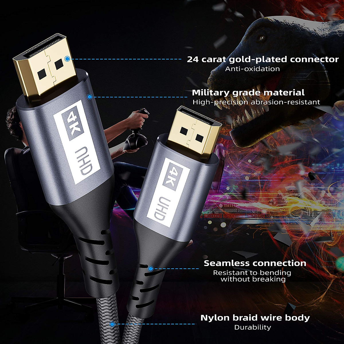 Yurnero DisplayPort Cable 144hz, DP Cable 10FT，[4K@60Hz, 2K@165Hz, 2K@144Hz] Gold-Plated Braided Ultra High Speed Monitor Cable for Gaming Monitor, Graphics Card, TV, PC, Laptop