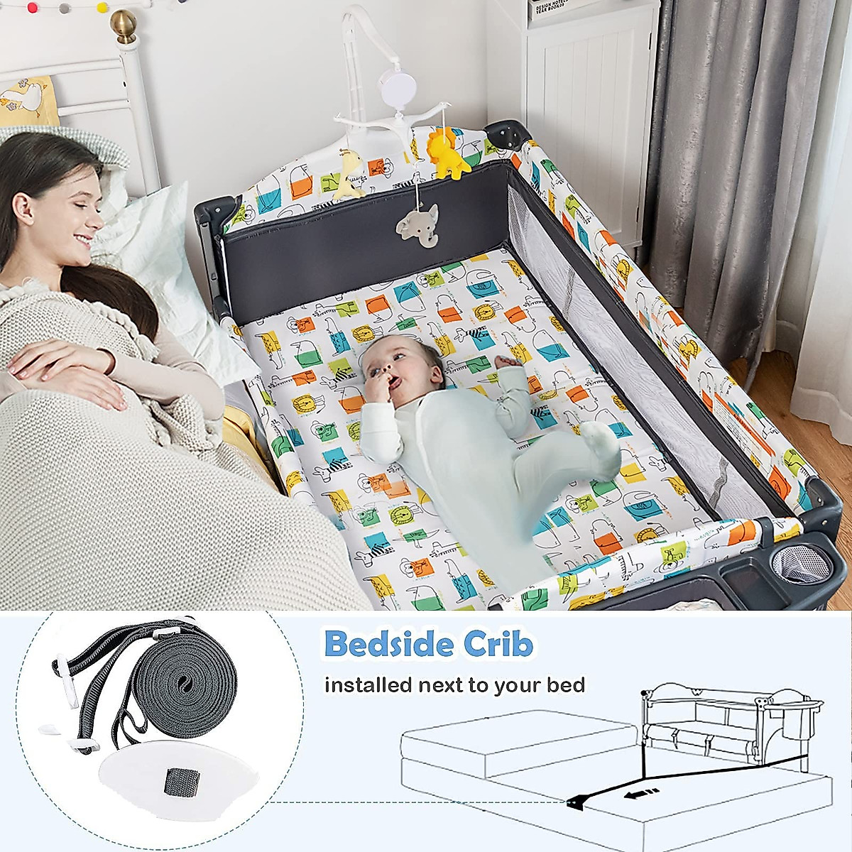 BABY JOY 5-in-1 Pack and Play, Baby Bedside Sleeper with Bassinet, Multifunction Bedside Crib from Newborn to Toddlers, U-Shaped Diaper Changer, Playard, Safety Strap, Music Box & Hanging Toys