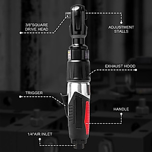 AEROPRO TOOLS 3/8" Professional Air Ratchet Wrench Set with 1/2" Drive Adapter, Pneumatic Impact Wrench for Auto Maintenance, Repair Work 50 Ft-Lbs