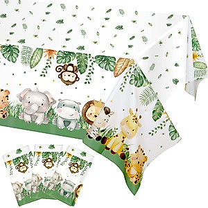 Lopeastar 3Pieces Jungle Safari Tablecloths Animal Print Table Cover, Sage Green Baby Shower Decorations Zoo Birthday Party Supplies for Boys Kids Plastic Table Cloth 108×54 Inch