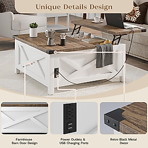 MU Lift Top Coffee Table, Square Coffee Table with Hidden Storage, Farmhouse Wood Coffee Table with Charging Station and Barn Door for Living Room, White