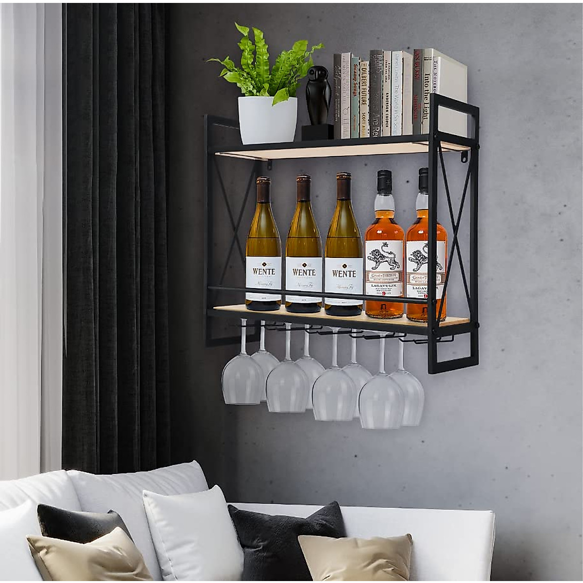 MYOYAY Industrial Wine Racks Wall Mounted 23.6in Industrial Pipe Shelf with 5 Stem Glass Holder 2 Tier Rustic Metal Hanging Wine Holder Wood Shelves Wall Shelf