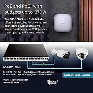 D-Link 52-Port Gigabit Smart Managed PoE+ Switch | 48 PoE+ Ports (370W) + 4 Combo SFP Ports| L2+ |VLANs |Web Managed |Surveillance Mode | Rackmount | NDAA Compliant | Lifetime Warranty (DGS-1210-52MP)
