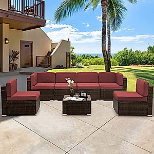 UDPATIO Outdoor Patio Furniture Sets 7 Pieces Outdoor Sectional Couch, PE Rattan Sofa Wicker Patio Conversation Sets with Cover for Deck Balcony Yard Poolside w/Coffee Table Thickened Cushions, Red