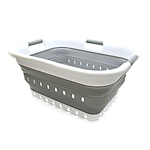 SAMMART 41L (10.8 gallon) Collapsible 3 Handled Plastic Laundry Basket - Foldable Pop Up Storage Container/Organizer - Portable Washing Tub - Space Saving Hamper/Basket (3 handled rectangular, White/Grey)