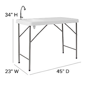 Flash Furniture Wesley 4' Portable Fish Cleaning Table with Sink, Outdoor Portable Folding Camping Sink Table with Faucet, and Hose Attachment, White