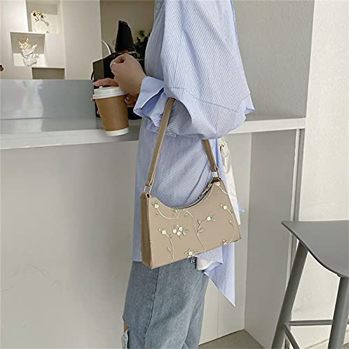 Kcocoo Shoulder Bags for Women, Cute Hobo Tote Handbag Mini Clutch Purse with Zipper Closure Floral Classic Crossbody Bag(Khaki,)