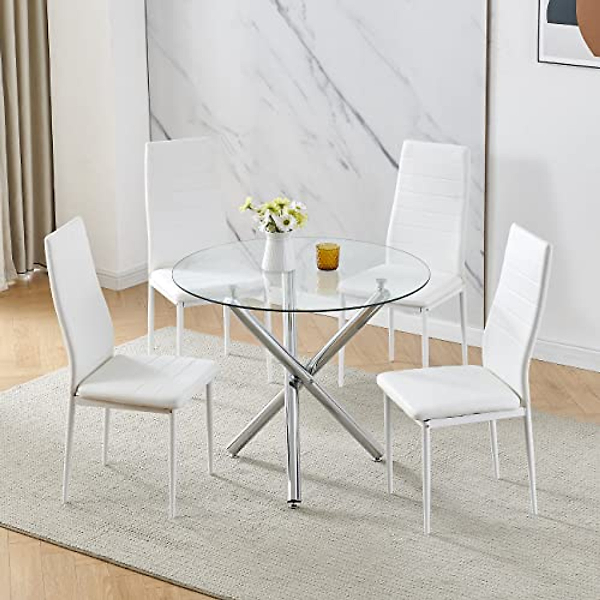 Rainbow Tree Round Dining Table and White Chairs Set 4 for Dining Room, Glass Dining Table with 4 Leather Padded Side Chairs, Comfortable & Space Saving for Home/Office