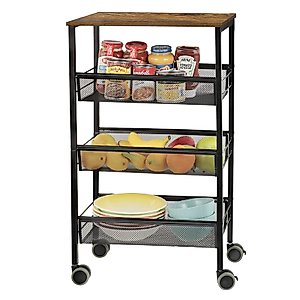 SEHERTIWY Kitchen Storage Rolling Cart, 4-Tier Kitchen Island Cart on Wheels with Wooden Shelves, Lockable Utility Cart with Mesh Baskets for Narrow Space on Dining Room Bathroom，Black