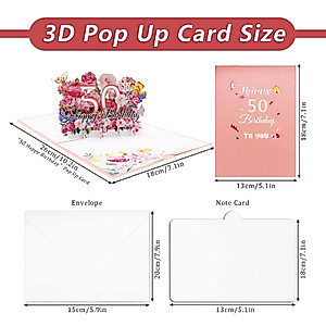 Pop Up Birthday Card Happy 50th Birthday Cards Pink Birthday Gift Card 3D Popup 50th Birthday Greeting Card Flower Card with Note Card and Envelope 50th Birthday Gifts for Women Men Wife Mother Father