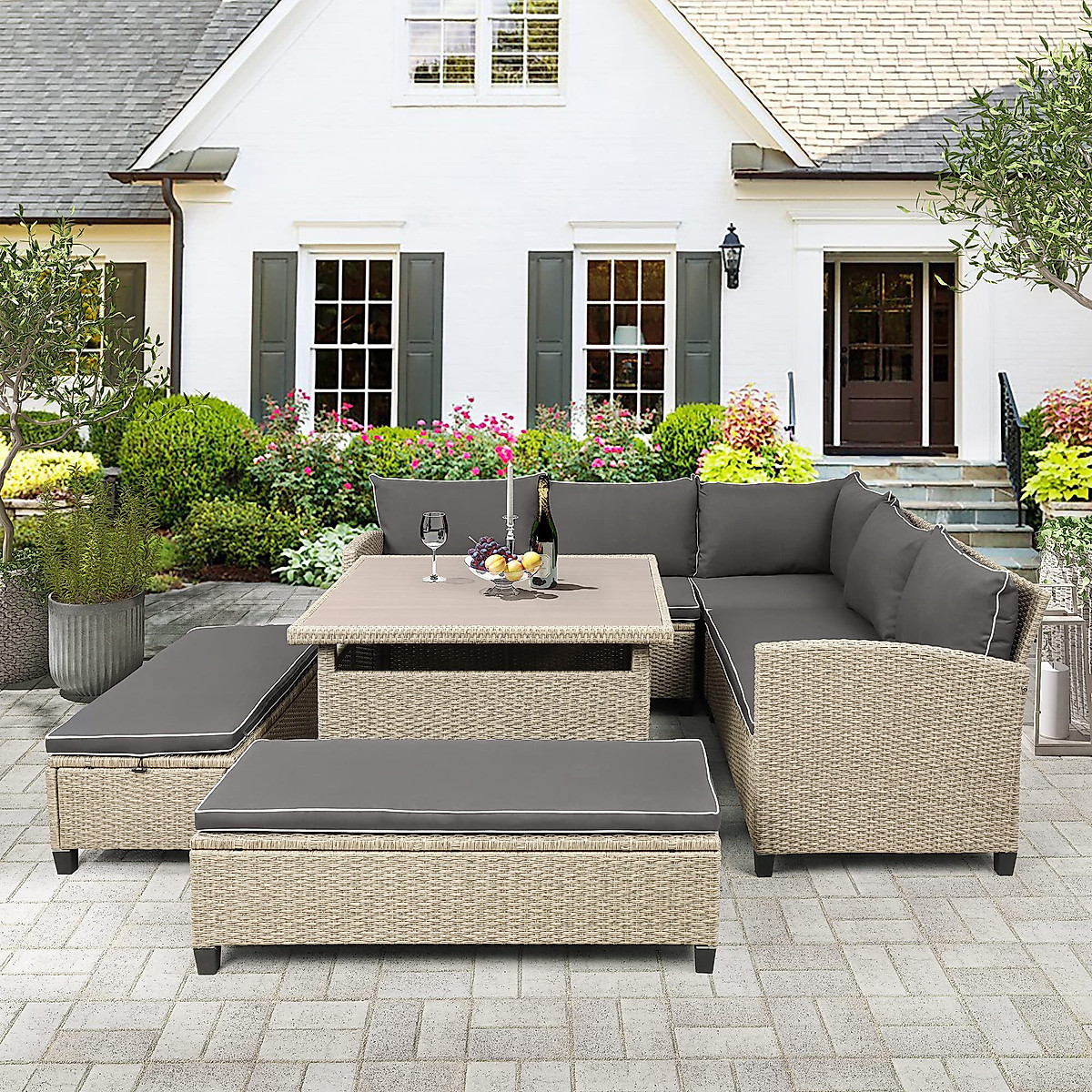 BIADNBZ Outdoor Weather Brown Rattan Wicker Sectional Couch Conversation Sofa Dining Table for Porch, Backyard, Garden, Poolside, 6-Piece Patio Furniture Set with Two Bench, Gray