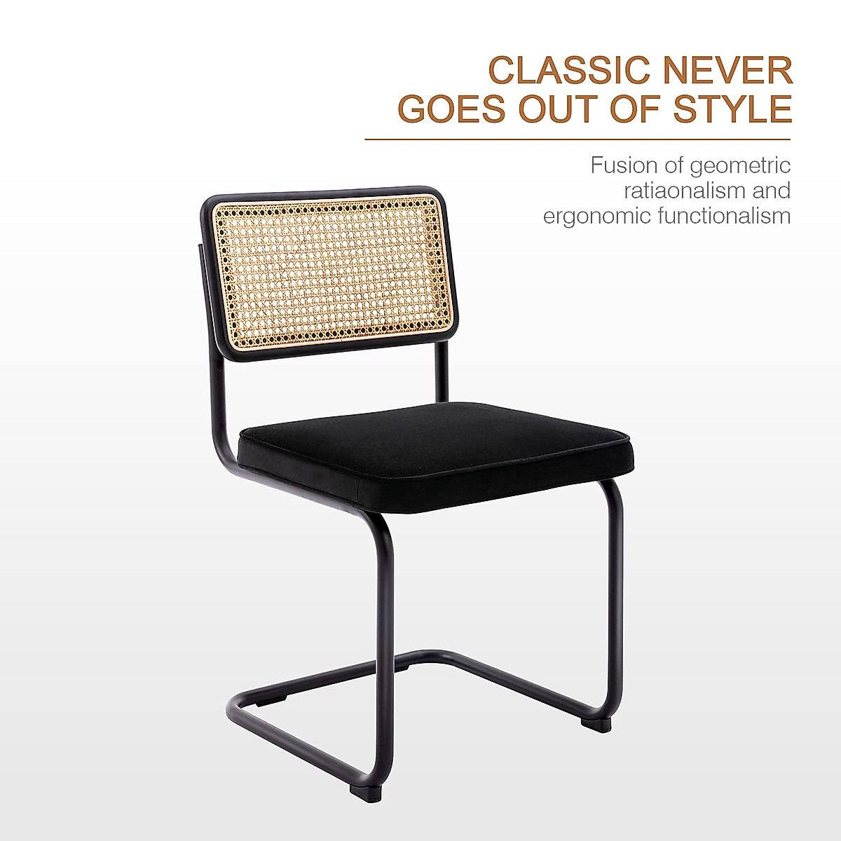 Zesthouse Rattan Dining Chairs Set of 2, Velvet Accent Chairs with Natural Cane Back & Stainless Chrome Base, Modern Mid Century Breuer Designed Chairs, Upholstered Dining Room Kitchen Chairs