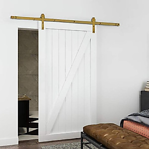 72 in. Classic Gold Finish Brass Bent Strap Barn Style Sliding Wood Door Track and Hardware Set