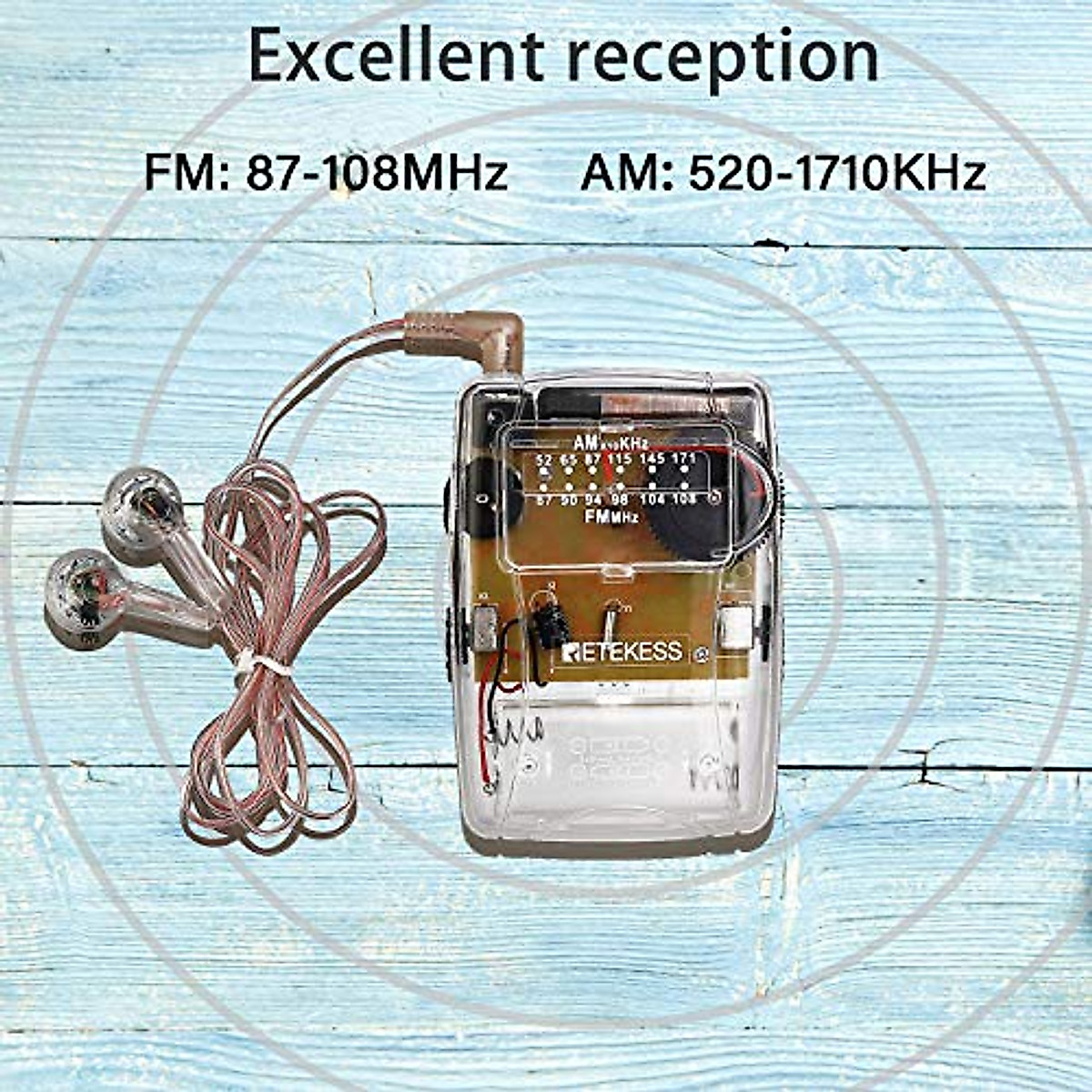 Retekess TR624 Portable Radio AM FM, Pocket Mini Radio, Clear Radio with Crystal Headphone, Powered by AAA Battery, Suit for Indoor Outdoor (Clear)