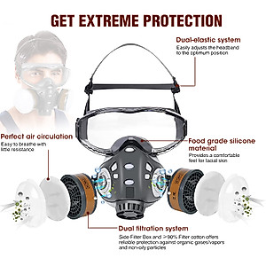 Reusable Half Face Cover, 8200 Face Cover with Safety Glasses Half Facepiece Against Organic Vapors/Smells/Asbestos, Ideal for Painting, Polishing, Woodworking, Welding, Decoration etc