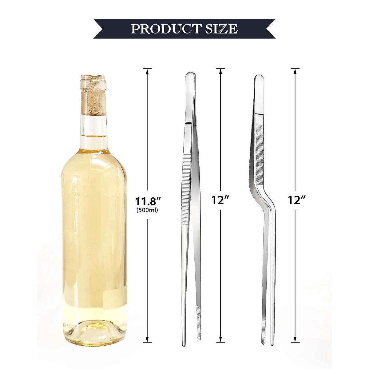 12-inch Cooking Tweezer and Offset Tweezer Set, Tongs Precision Serrated Tips, Stainless Steel Professional Chef Tweezer Kitchen Tools for BBQ, Plating and Serving