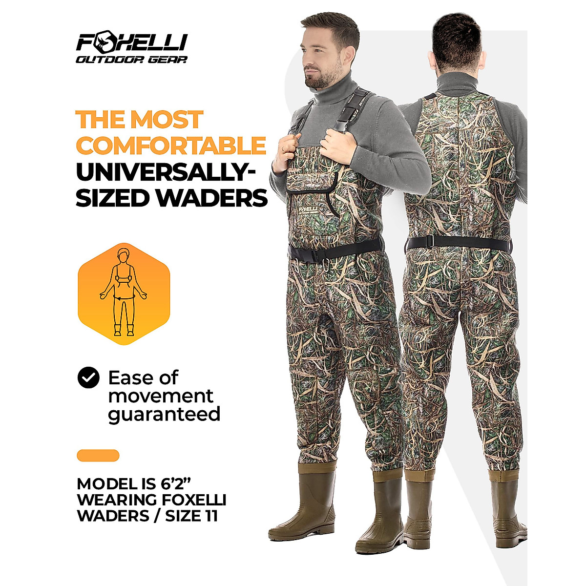 Foxelli Neoprene Chest Waders, Camo Hunting & Fishing Waders for Men & Women with Boots, Waterproof Bootfoot Waders