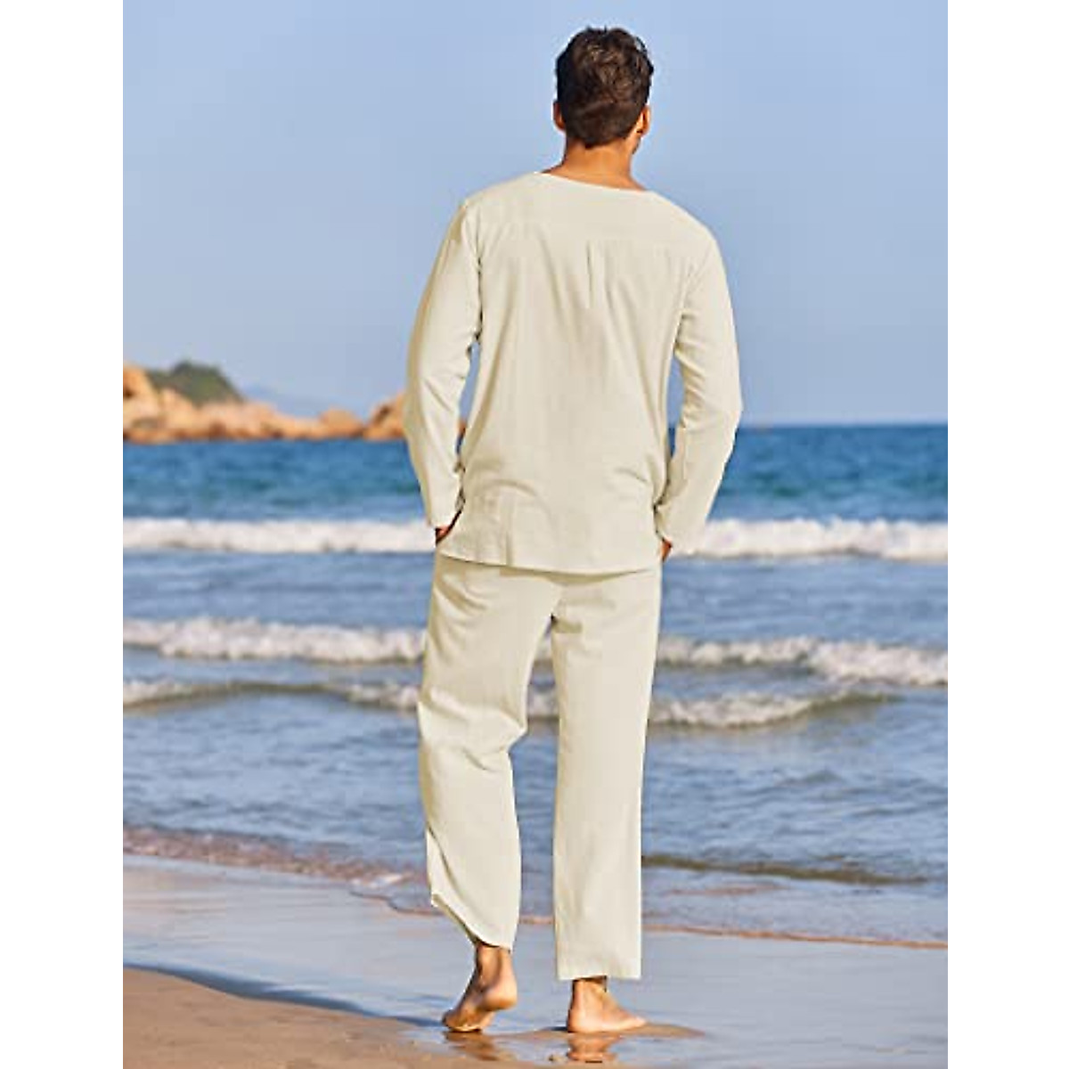 COOFANDY Men's 2 Pieces Cotton Linen Set Henley Shirt Long Sleeve and Casual Beach Pants Summer Yoga Outfits
