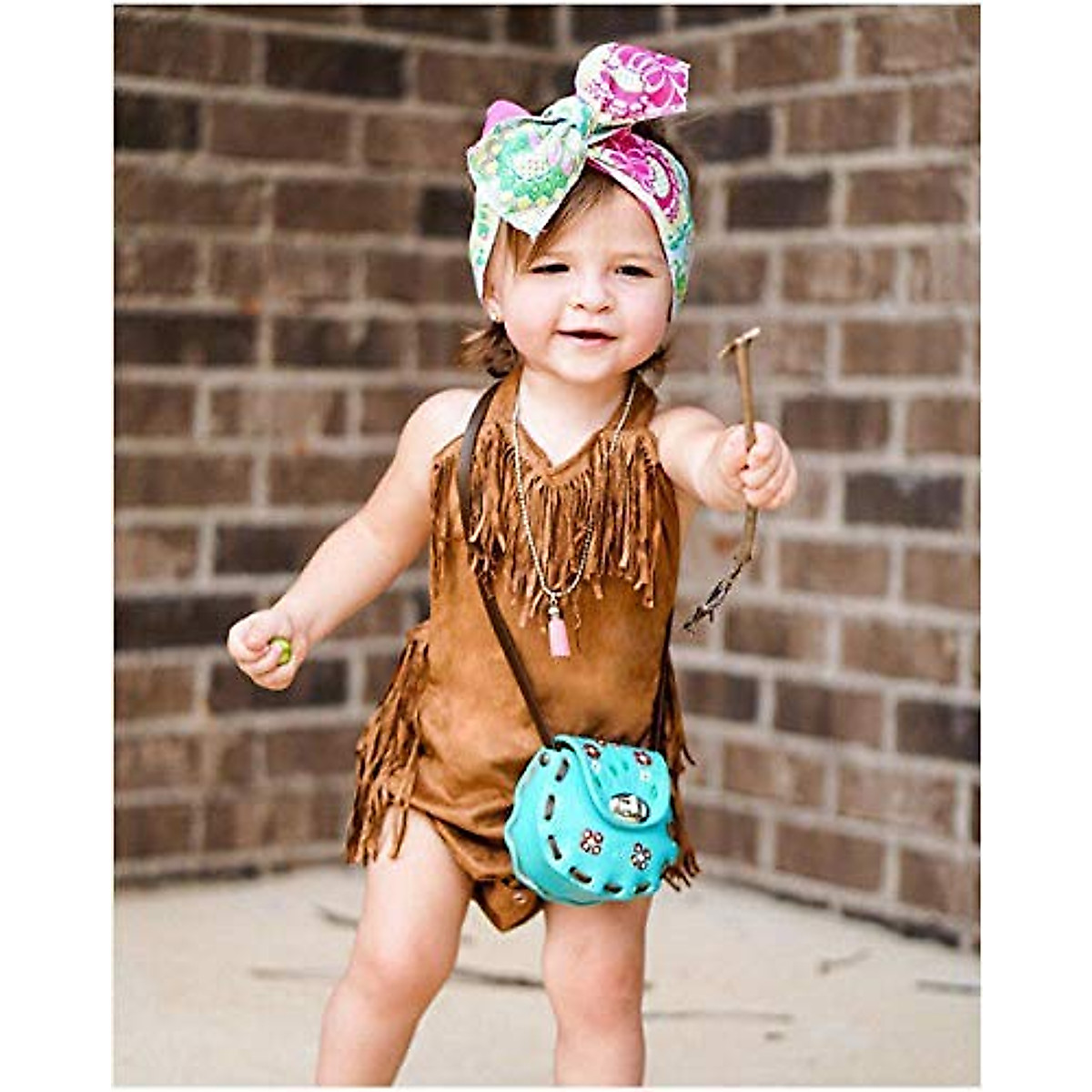 Infant Baby Girl Fringe Faux Suede Romper - Western Style Halter Sunsuit, Adjustable Straps (Brown, 6-12 Months)