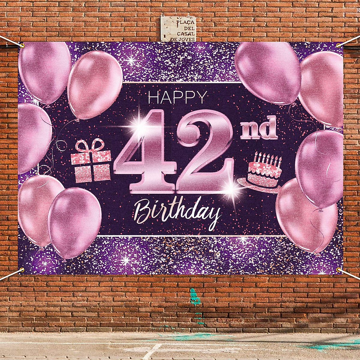 PAKBOOM Happy 42nd Birthday Banner Backdrop - 42 Birthday Party Decorations Supplies for Women - Pink Purple Gold 4 x 6ft