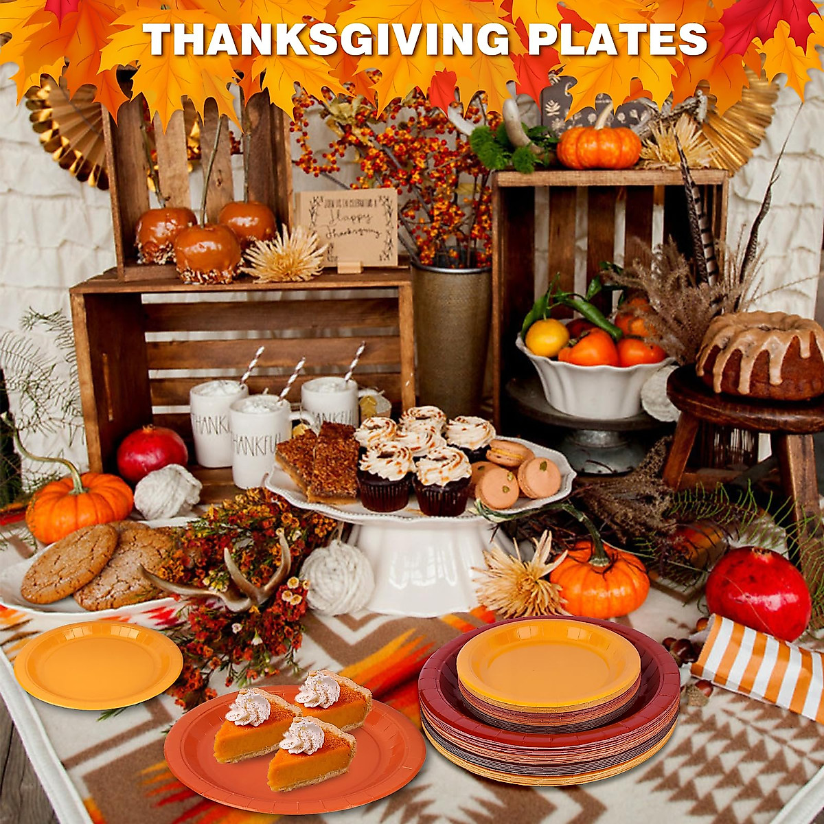 48PCS Thanksgiving Paper Plates Fall Disposable Dinner Plates Heavy Duty Kids Dinnerware Sturdy Appetizer Dessert Plates Give Thanks Autumn Harvest Party Supplies Round Multi-color Plates 10in&7in
