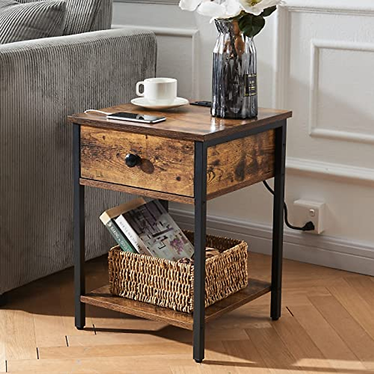 SUPERJARE Nightstand with Charging Station and USB Ports Set of 2, Side Table End Table with Drawer, Open Storage Shelf and Steel Frame, Bedside Table for Small Spaces, Rustic Brown
