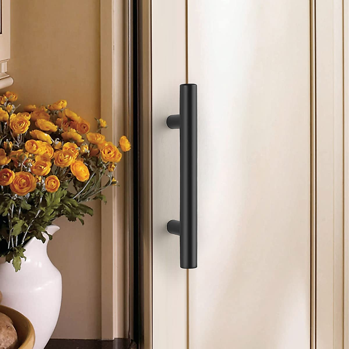 Probrico (10 Pack Flat Black Cabinet Handles, 3-3/4 Inch Hole Centers Modern Cabinet Hardware Cupboard Pull Kitchen Cabinet T Bar Handle Dresser Pulls, 6 Inch Total Length